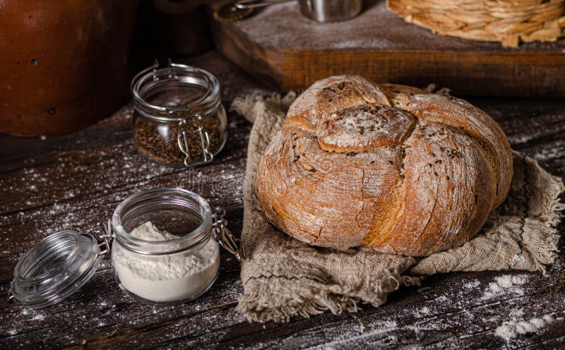 Homemade rustic bread stock photo. Image of board, meal - 208306296
