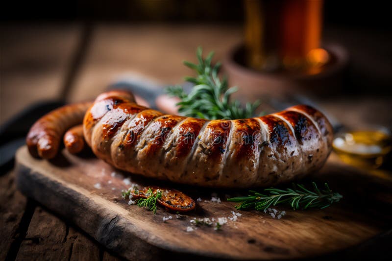 Homemade Sausage Grilled with Herbs on Rustic Wooden Table. AI ...