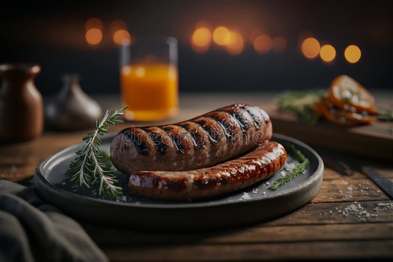 Homemade Sausage Grilled with Herbs on Rustic Wooden Table. AI ...