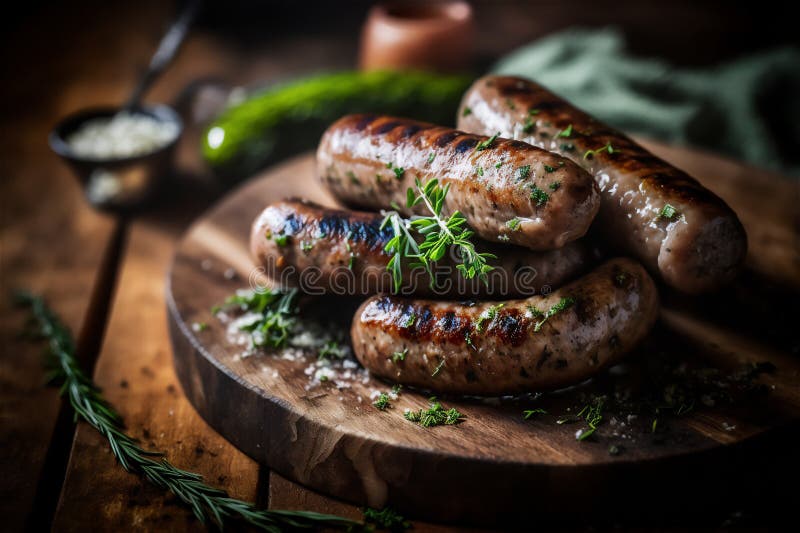 Homemade Sausage Grilled with Herbs on Rustic Wooden Table. AI ...