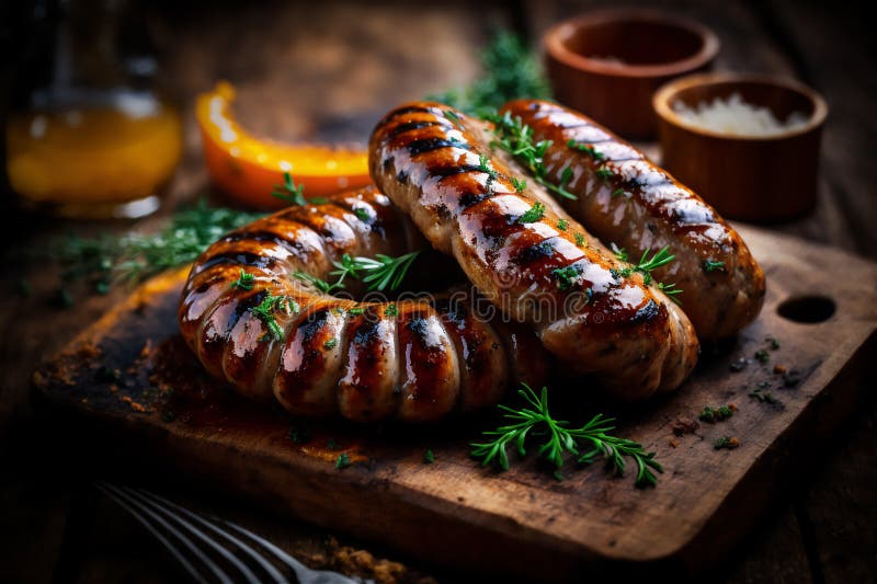 Homemade Sausage Grilled with Herbs on Rustic Wooden Table. AI ...