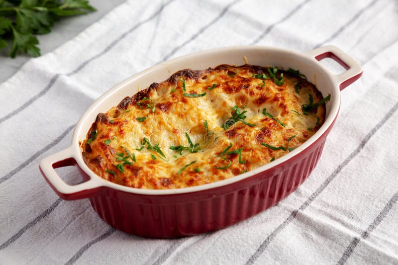 Homemade Scalloped Potatoes with Cheese and Parley, Side View Stock ...