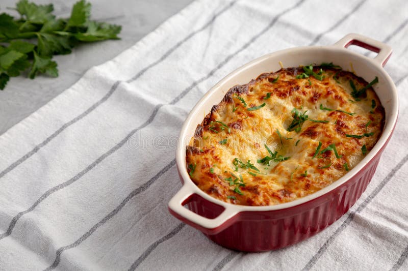 Homemade Scalloped Potatoes with Cheese and Parley, Side View Stock ...