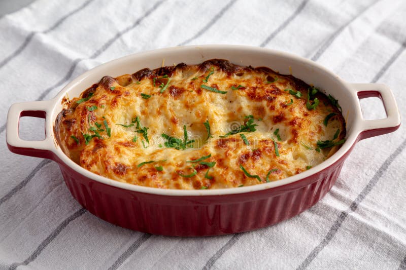 Homemade Scalloped Potatoes with Cheese and Parley, Side View Stock ...