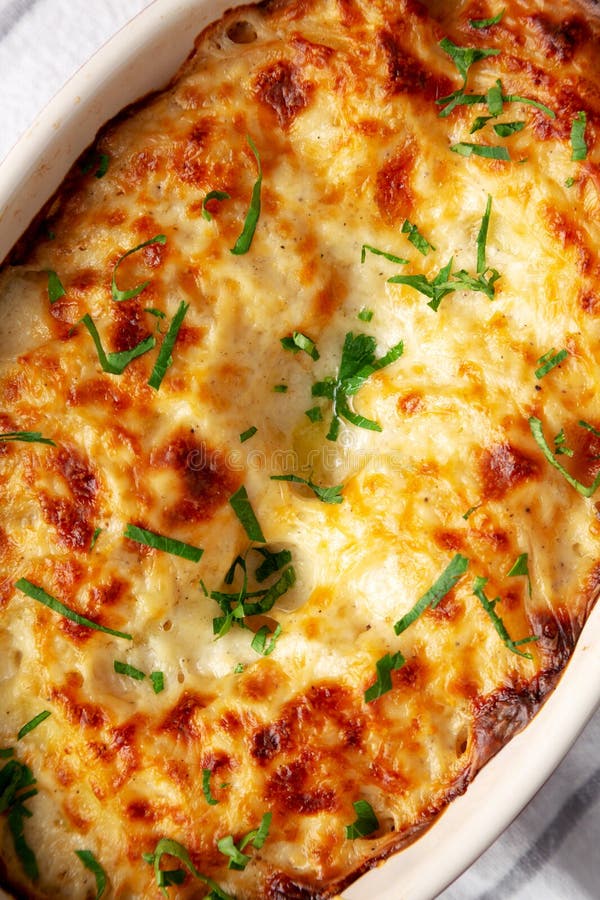 Homemade Scalloped Potatoes with Cheese and Parley, Side View Stock ...