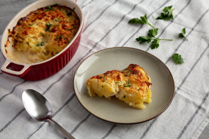 Homemade Scalloped Potatoes with Cheese and Parley, Side View Stock ...