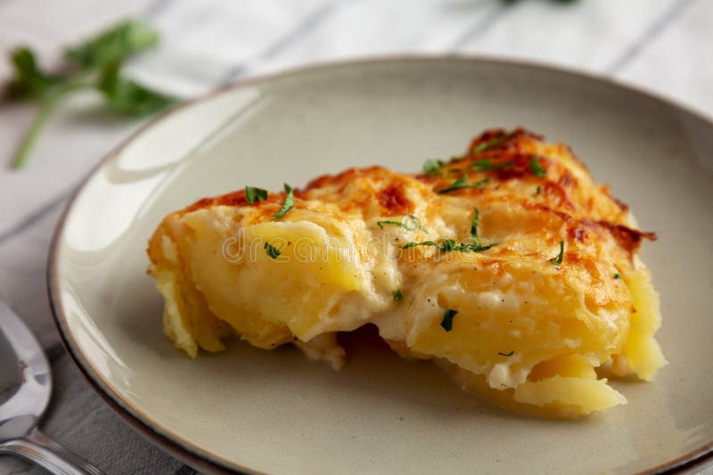 Homemade Scalloped Potatoes with Cheese and Parley, Side View Stock ...