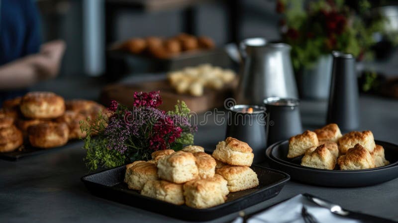 Homemade Scones and Tea on Rustic Table with Flowers and Crockery Stock ...