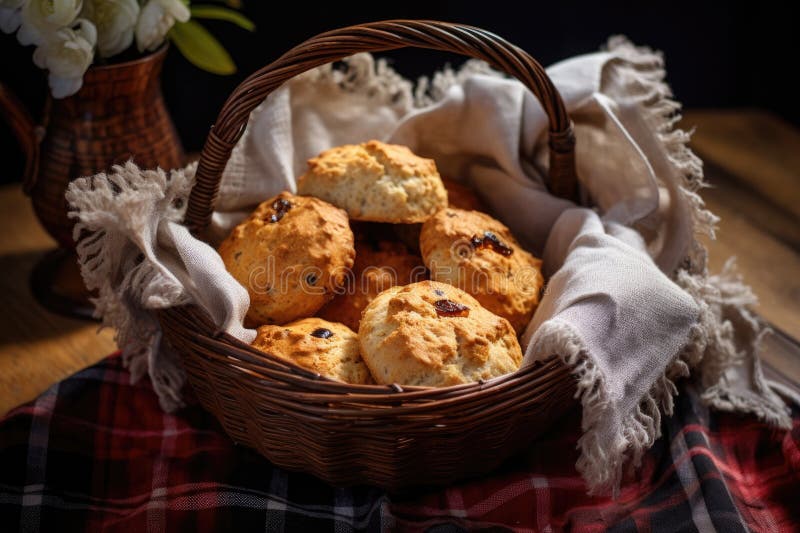 Homemade Scones in a Woven Basket with a Cloth Stock Illustration ...
