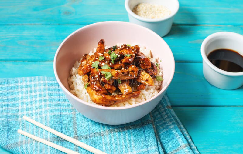 Homemade Sesame Chicken Served with Jasmine White Rice Stock Image ...