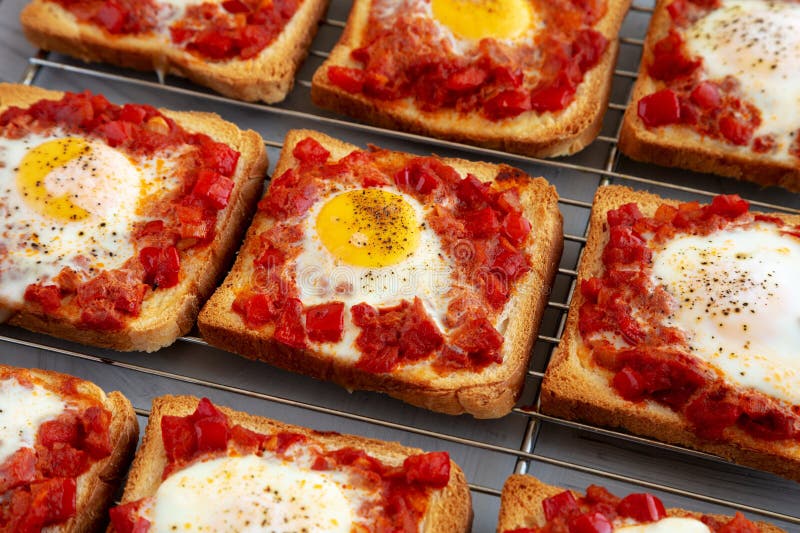 Homemade Sheet-Pan Shakshuka Toast, Side View Stock Photo - Image of ...