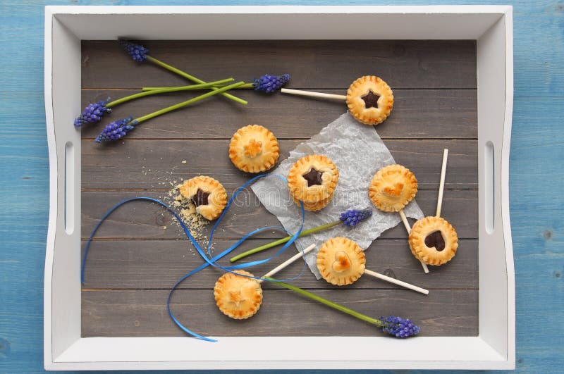 Homemade Shortbread Cookies with Chocolate Pops on Tray Stock Photo ...