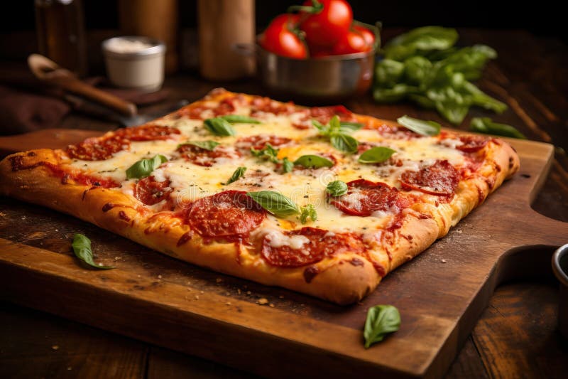 Homemade Sicilian Square Pizza with Mozzarella, Tomatoes and Basil ...