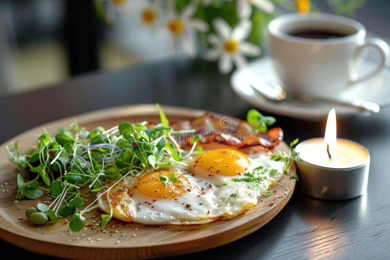 Homemade Simple Breakfast on Kitchen Table,coffee Cup and Fried Eggs ...