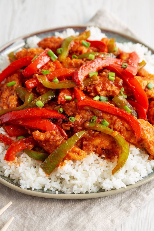 Homemade Simple Chili Chicken with White Rice on a Plate, Side View ...