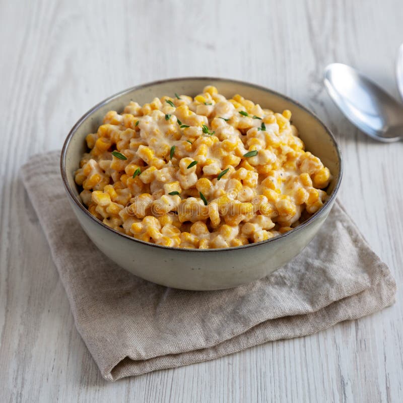 Homemade Slow Cooker Creamed Corn in a Bowl, Side View Stock Photo ...