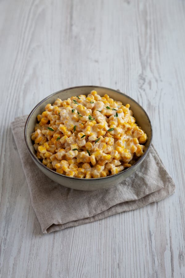 Homemade Slow Cooker Creamed Corn in a Bowl, Side View Stock Photo ...