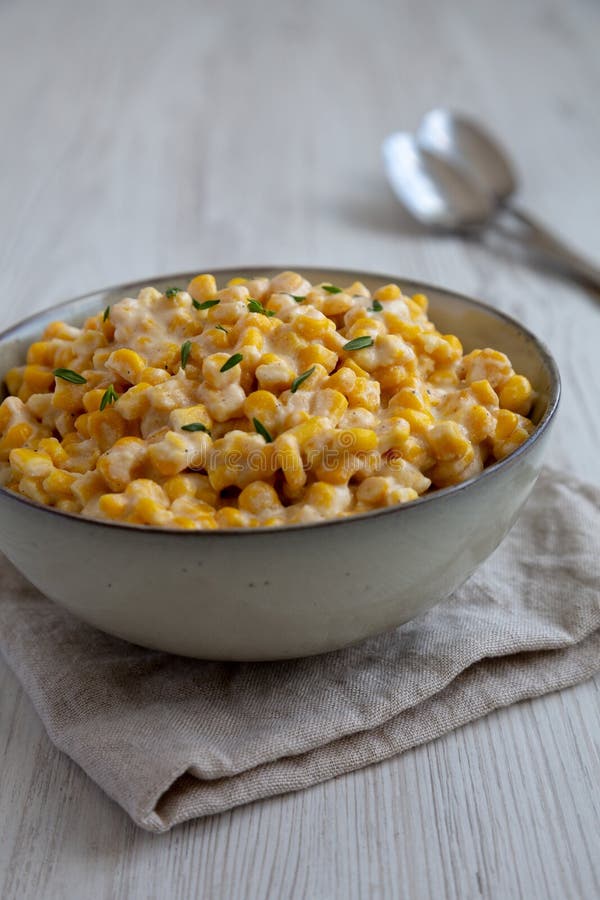 Homemade Slow Cooker Creamed Corn in a Bowl, Side View Stock Photo ...