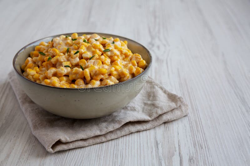 Homemade Slow Cooker Creamed Corn in a Bowl, Side View. Copy Space ...