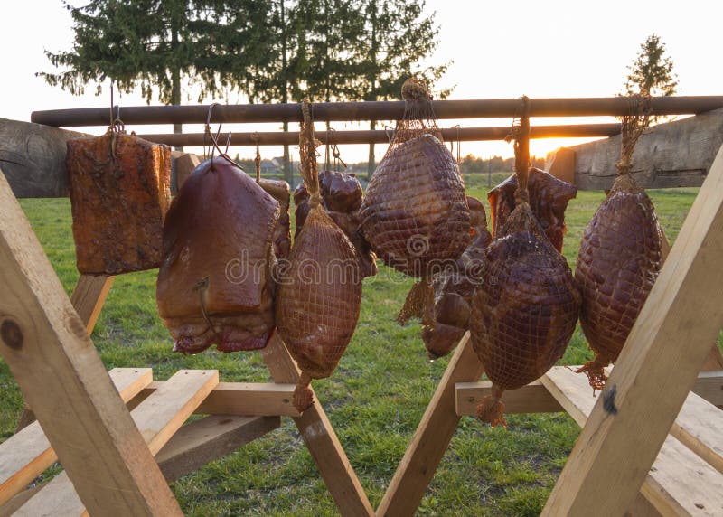 Homemade Smoked Various Meat Drying after Smoking Process Stock Photo ...