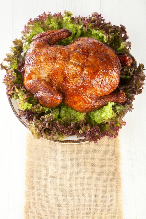 Homemade Smoked Whole Chicken on Leaf Lettuce Stock Image - Image of ...