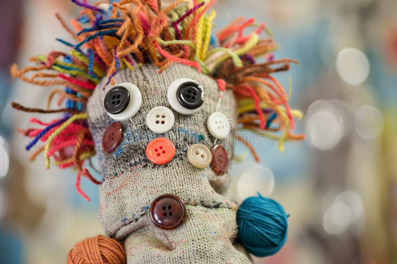 Homemade Sock Puppet with Buttons and Yarn Hair Stock Photo - Image of ...