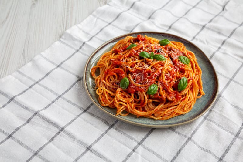 Homemade Spaghetti with Olives and Tomato Sauce, Side View. Space for ...