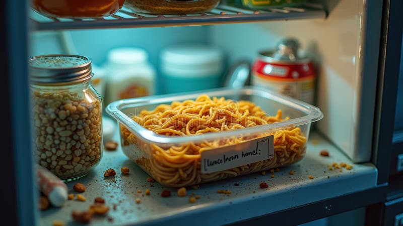 Homemade Spaghetti Plastic Container Inside Refrigerator Shelf Stock ...
