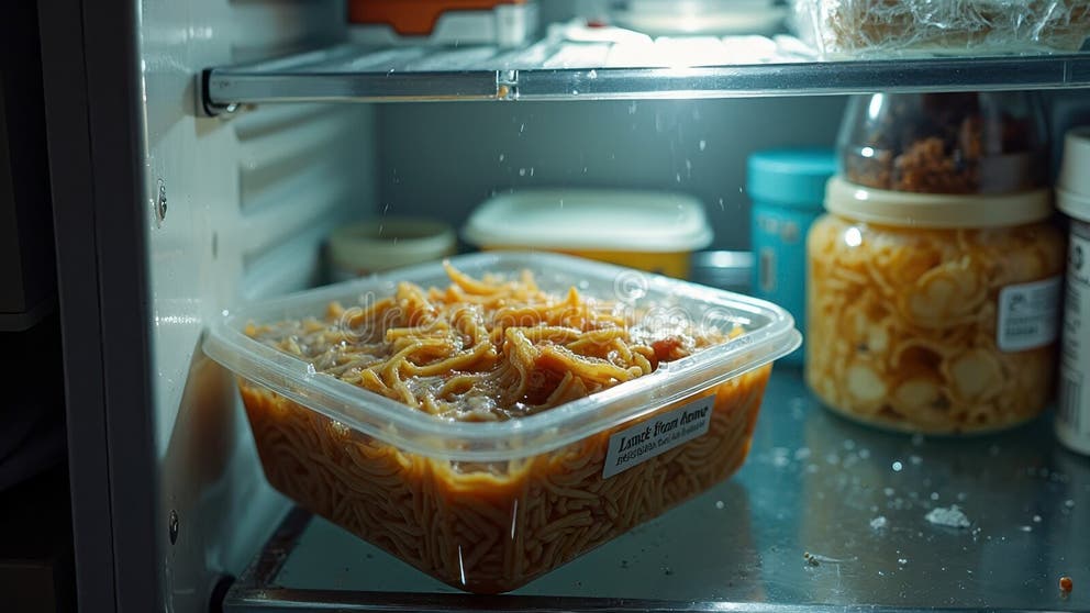 Homemade Spaghetti in Transparent Container Inside Refrigerator Stock ...