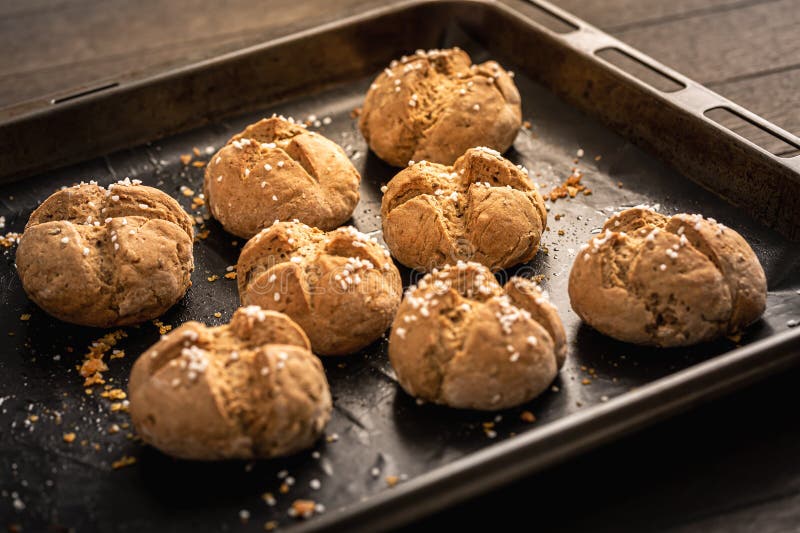 Homemade Spelt Bread Rolls with Salt on Wooden Background Stock Image ...