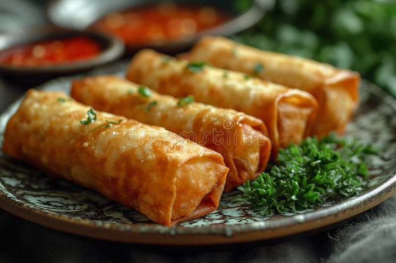 Homemade Spring Rolls on Plate. Close-up Stock Photo - Image of cuisine ...