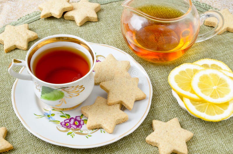 Homemade Star Cookies with Tea and Lemon Stock Image - Image of ...