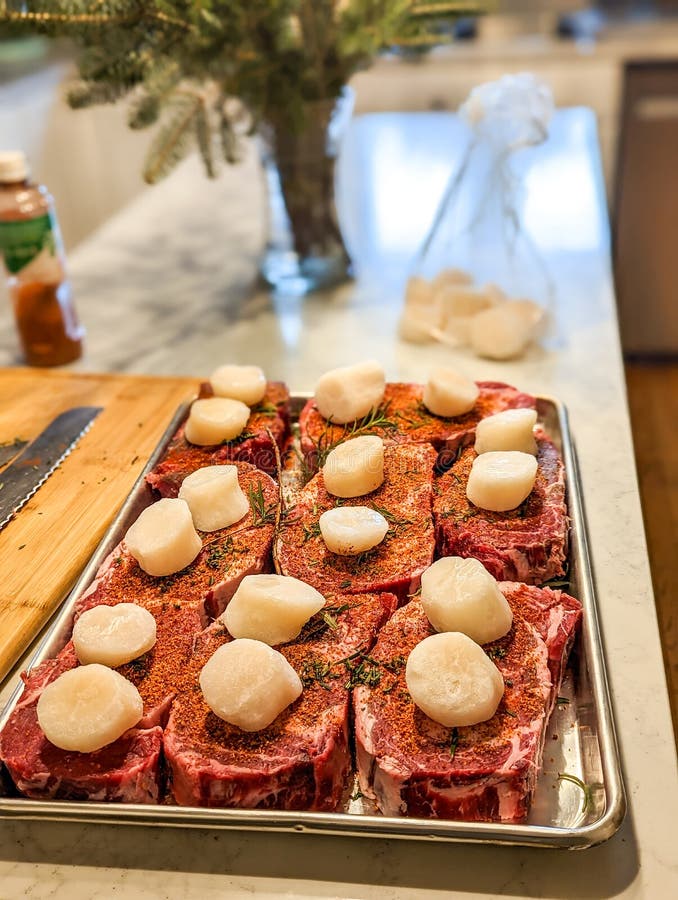 Homemade Steak and Scallops Surf N Turf Made for Dinner Stock Photo ...