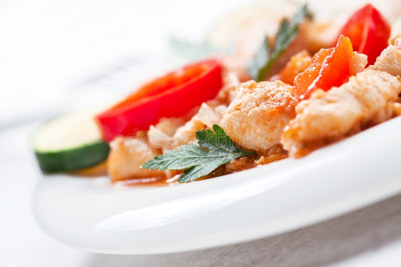 Homemade Stewed Fish with Vegetables and Rice, Closeup Stock Photo ...