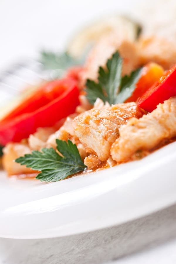 Homemade Stewed Fish with Vegetables and Rice, Closeup Stock Photo ...