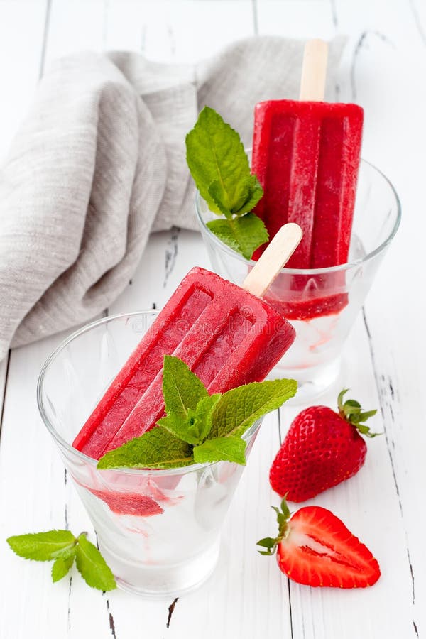 Homemade Strawberry Mint - Ice Pops - Popsicles - Paletas. Stock Photo ...