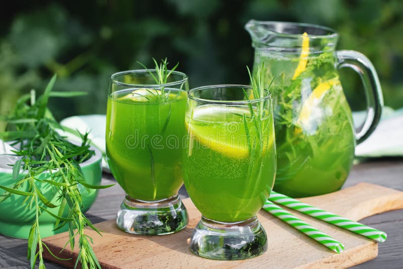 Homemade Summer Refreshing Tarragon Lemon Drink on Patio Table Stock ...