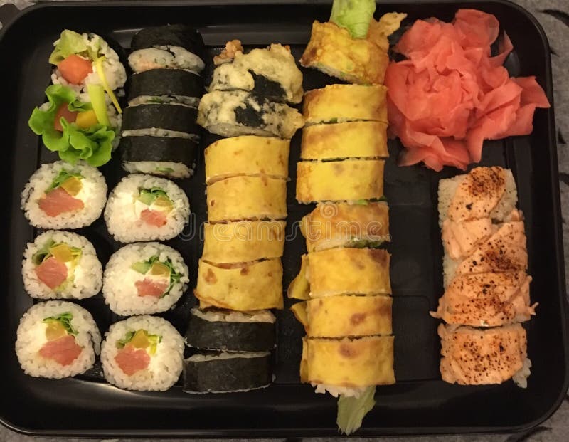 Homemade Sushi on Black Plate Stock Image - Image of colorful, food ...