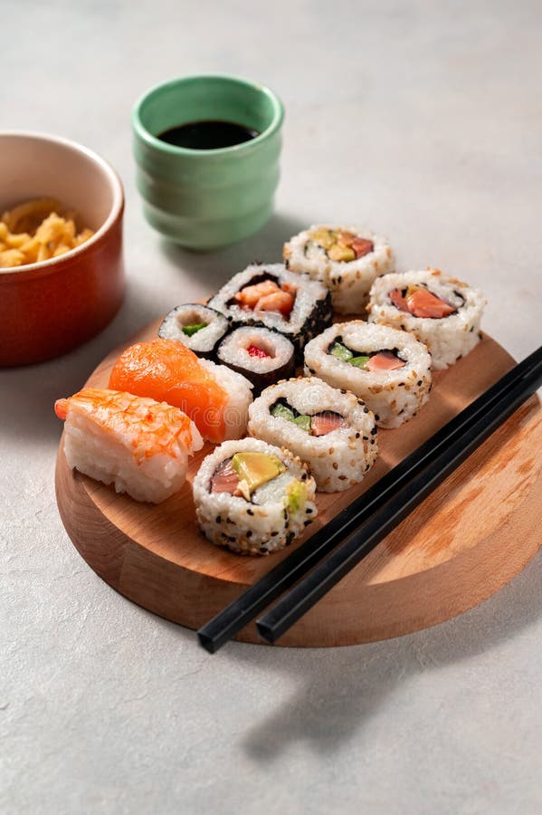 Homemade Sushi Rolls with Salmon, Shrimp, Avocado. Assorted Sushi ...