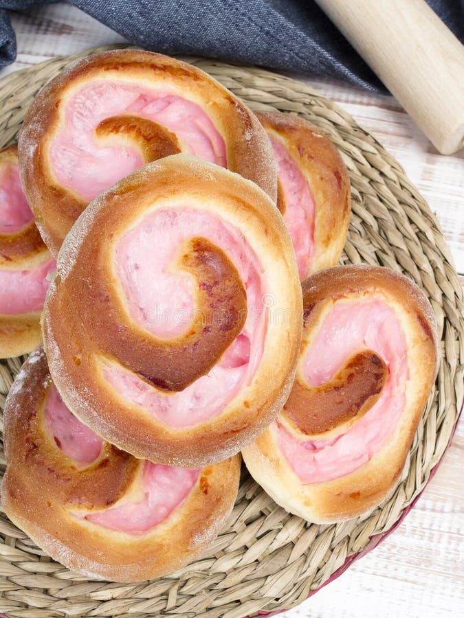 Homemade Sweet Buns with Strawberry Cream Stock Photo - Image of ...