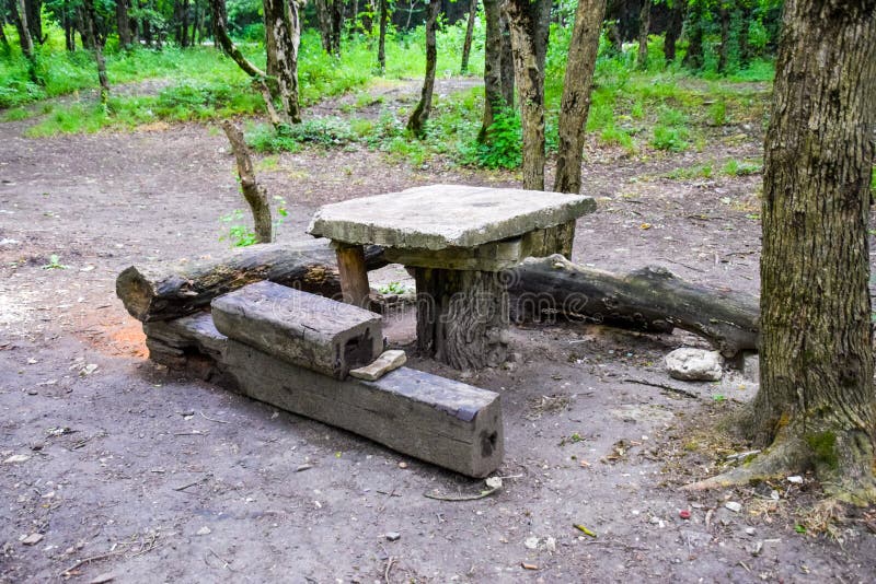 A Homemade Table and Benches in the Forest Stock Image - Image of ...