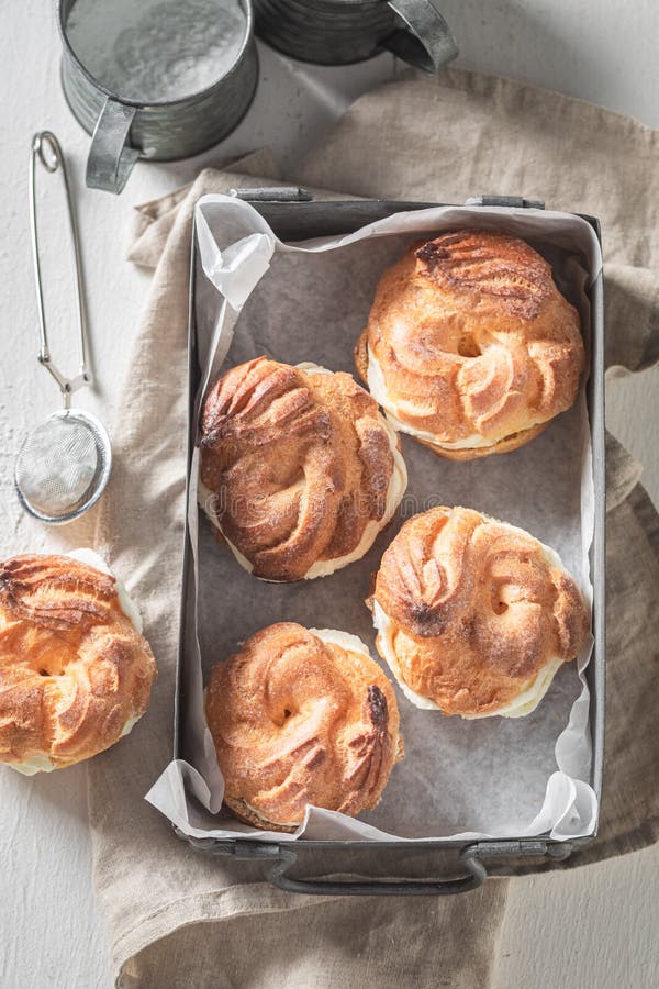 Homemade and Tasty Cream Puffs on Rustic Dark Table Stock Image - Image ...