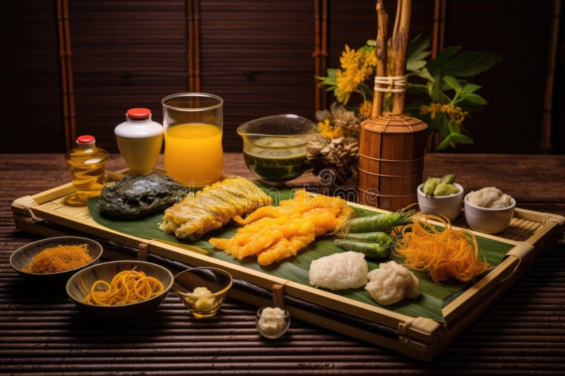 Homemade Tempura Display on Bamboo Mat Stock Photo - Image of food ...