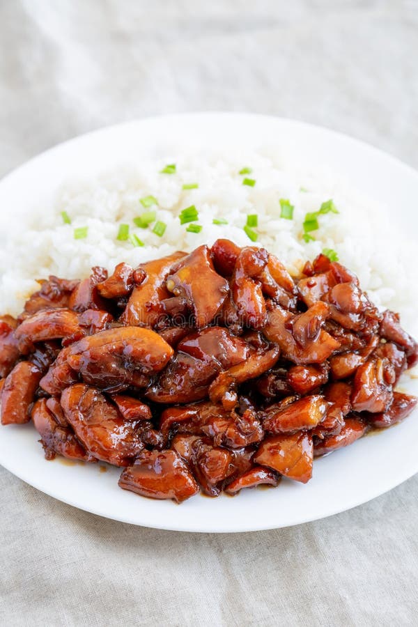 Homemade Teriyaki Chicken with White Rice on a Plate, Side View Stock ...