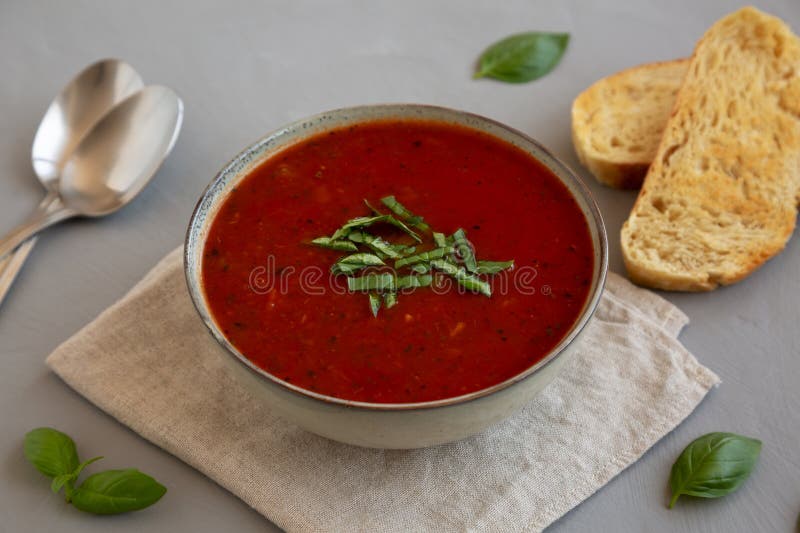 Homemade Tomato Basil Soup in a Bowl, Side View Stock Image - Image of ...