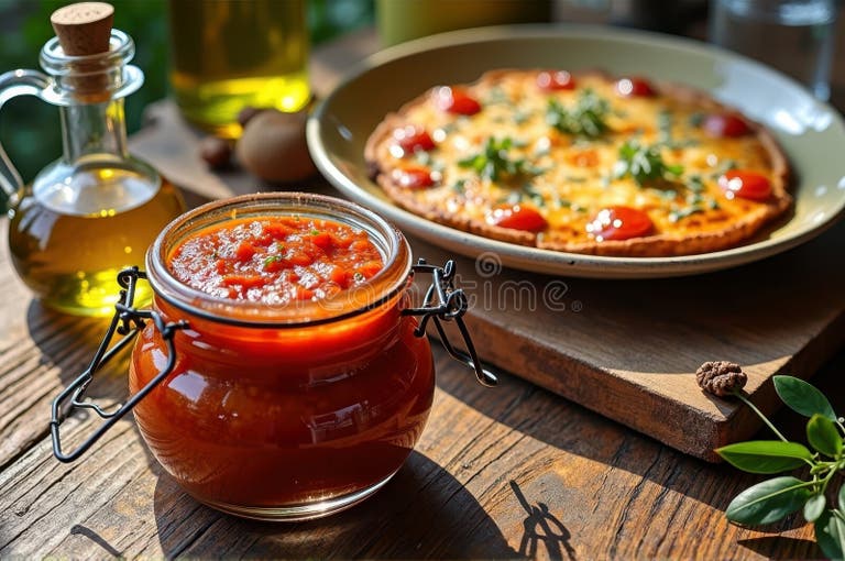 Homemade Tomato Sauce and Fresh Pizza on Rustic Wooden Table Setting ...