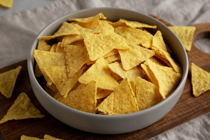 Homemade Tortilla Corn Chips in a Bowl, Side View Stock Photo - Image ...