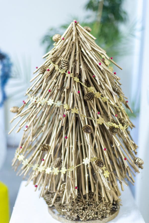 Homemade Tree Made of Twigs, Decorated with Cones and Beads Stock Image ...