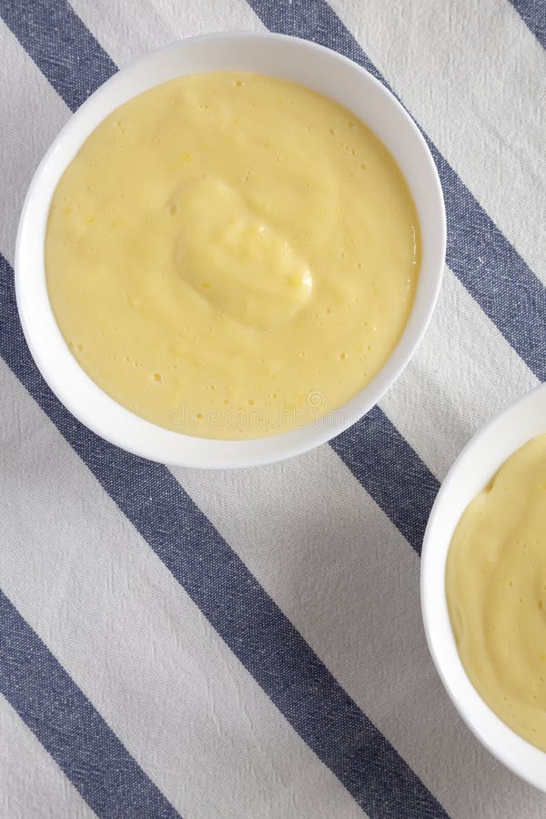 Homemade Vanilla Custard Pudding on Cloth, View from Above. Overhead ...