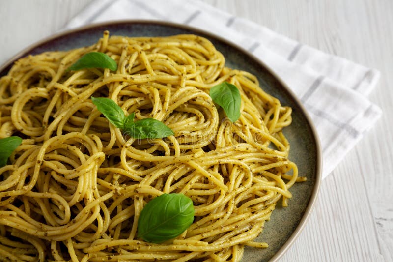 Homemade Vegan Pesto Pasta on a Plate, Side View Stock Photo - Image of ...
